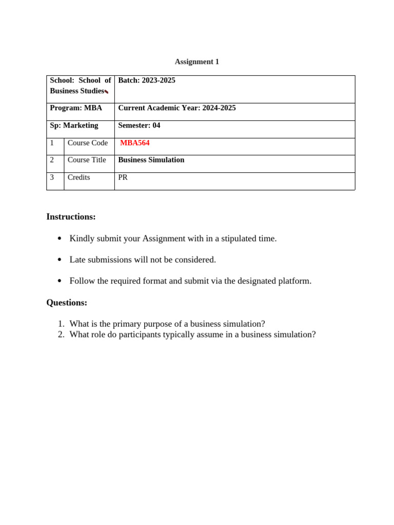 Assignment 1 Business Simulation | PDF