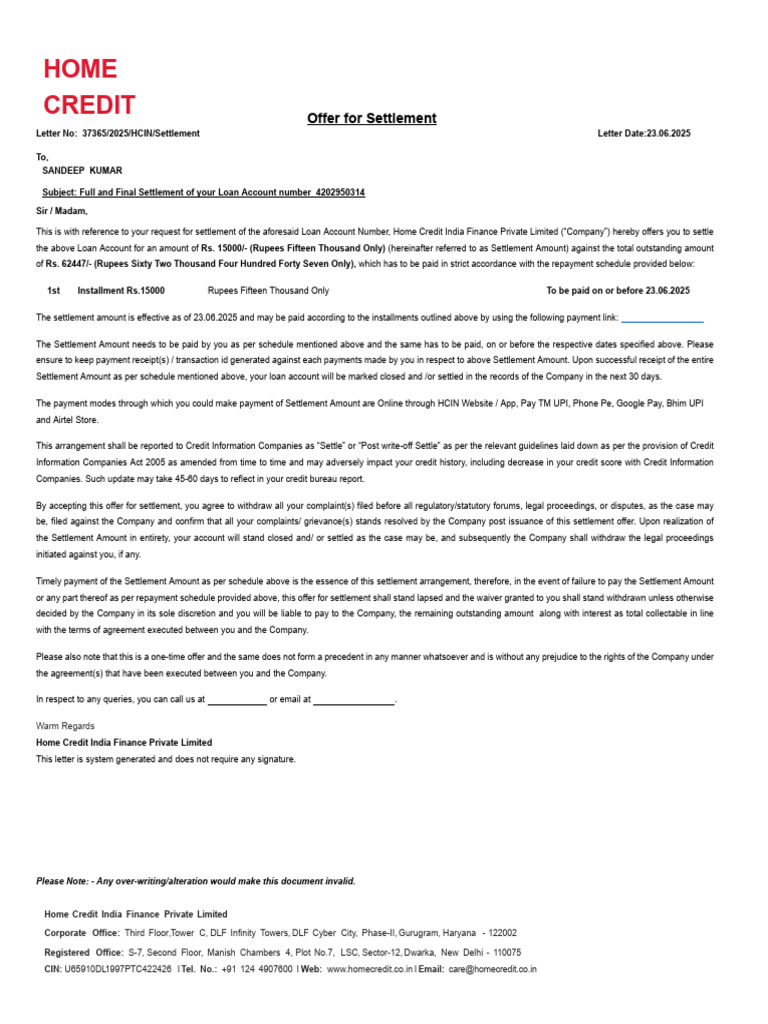 Sandeep Kumar 4202950314 Settlement Letter | PDF