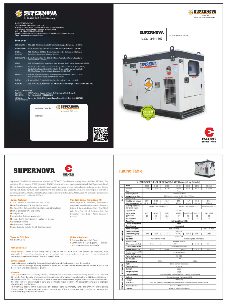 SuperNova Genset Escorts 10 To 62.5 | PDF | Electricity | Electrical Engineering