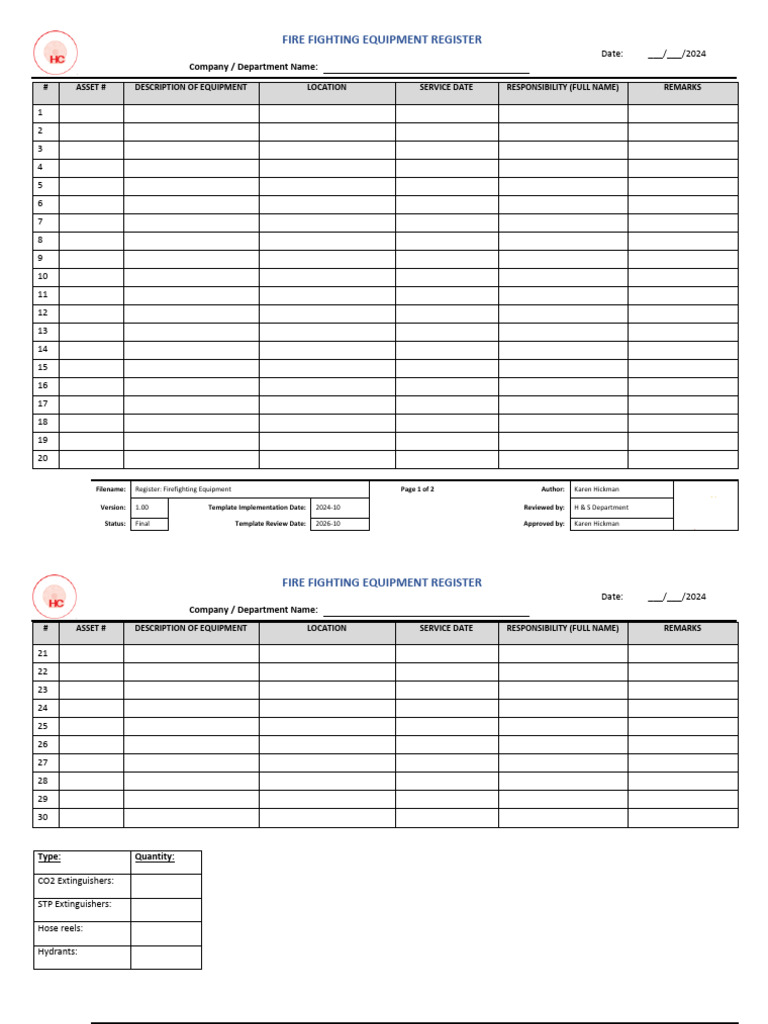 Firefighting Equipment Register 2024 | PDF
