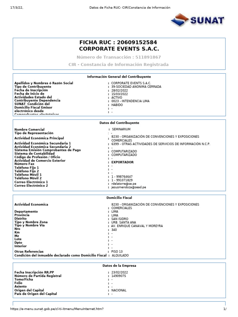 Datos RUC de Corporate Events S.A.C. | PDF | Industrias de servicio