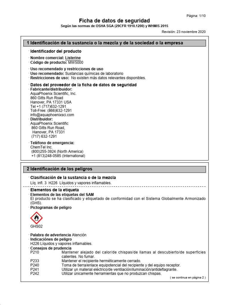 Ficha Tecnica de Listerine | PDF | Toxicidad | Administración de Seguridad y Salud Ocupacional