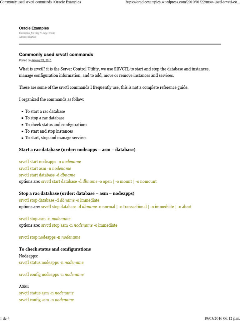 Commonly Used SRVCTL Commands - Oracle Examples | PDF | Databases | Oracle Database