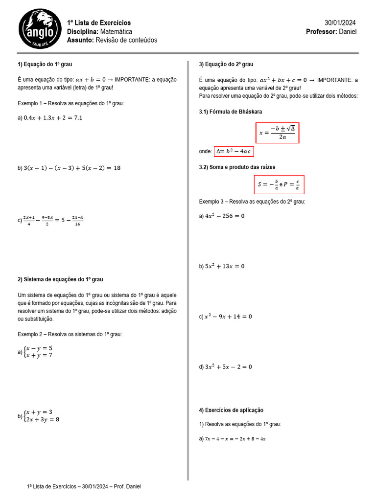 Lista De Exerc Cios 01 Revis O De Conte Dos Pdf Equações