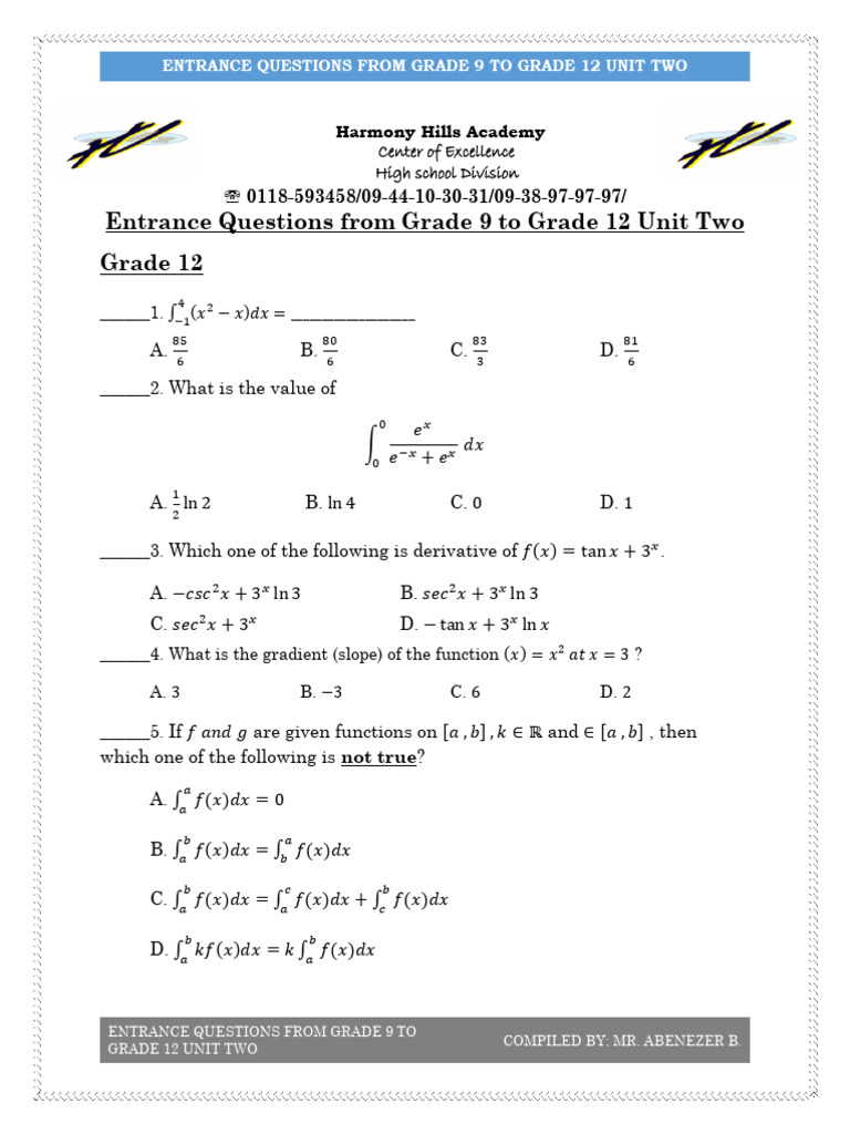 Grade 9-12 Entrance Exam Questions | PDF | Zero Of A Function ...