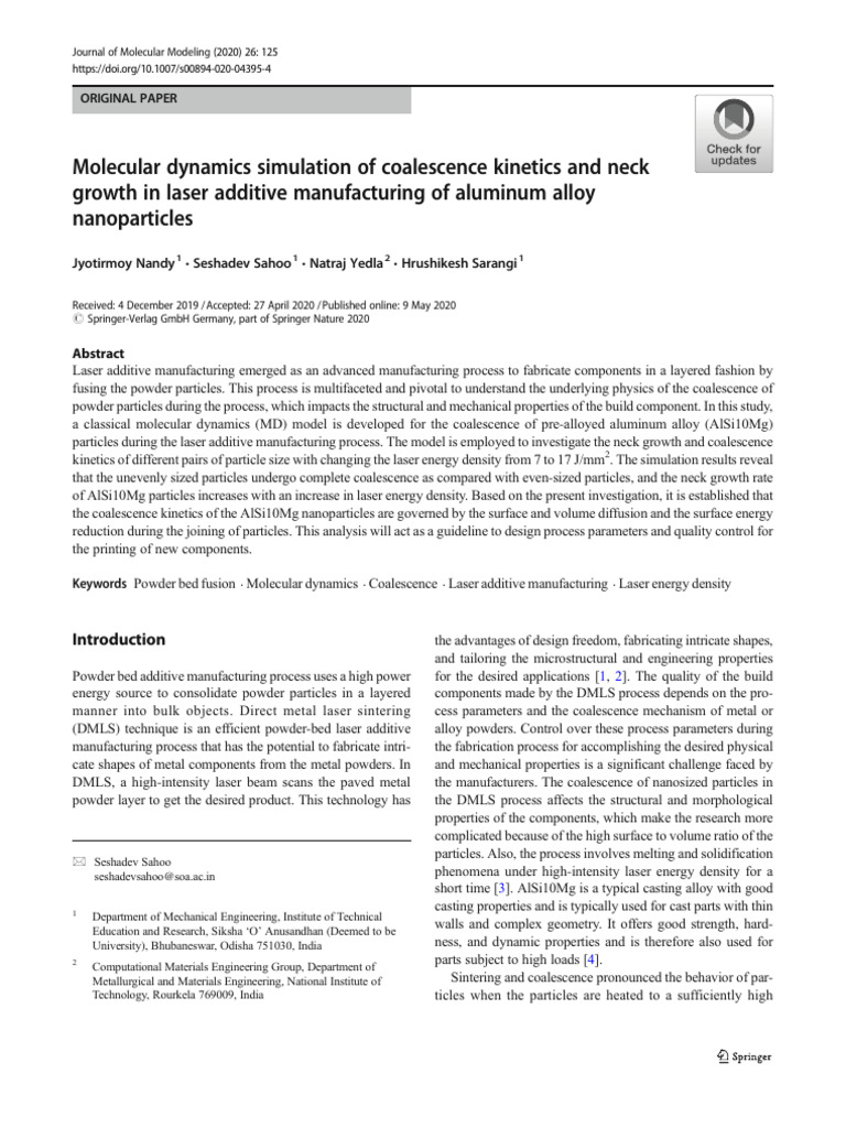 Molecular Dynamics Simulation of Coalescence Kinetics and Neck Growth ...