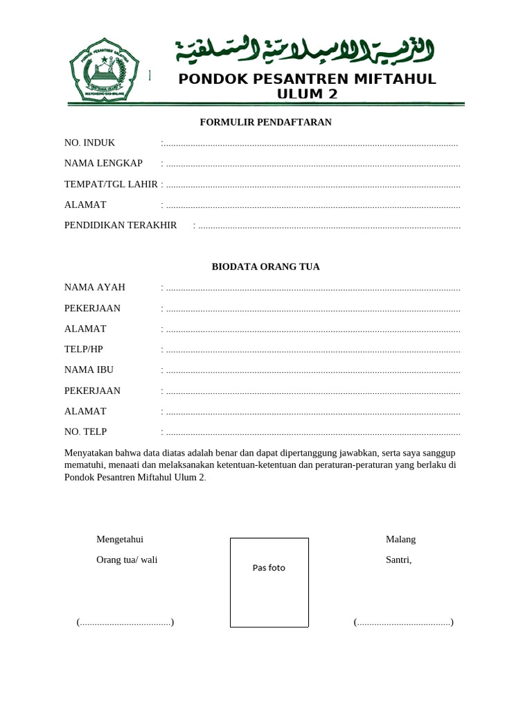Contoh Formulir Pendaftaran Santri | PDF