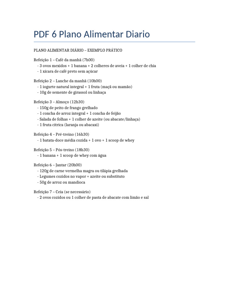 Plano Alimentar Diário: Exemplo Prático | PDF
