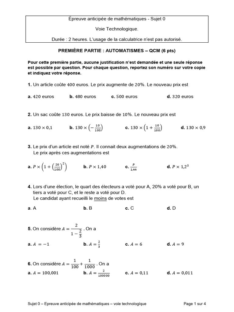 Épreuve de mathématiques technologique | PDF