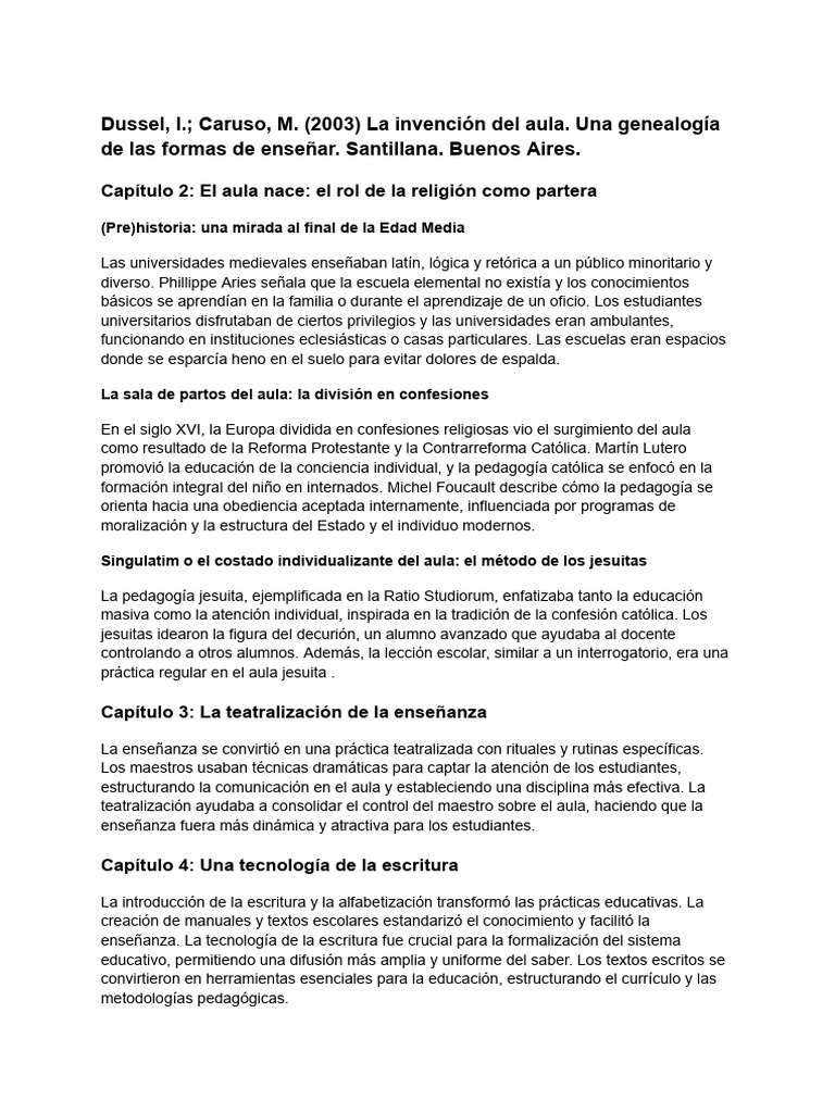 Dussel Carusso Invencion Aula Cap 2 Resumen | PDF | Enseñando | Salón de clases