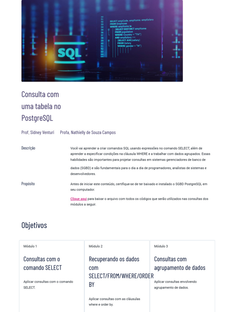 Consulta Com Uma Tabela No PostgreSQL | PDF | SQL | Bancos de dados