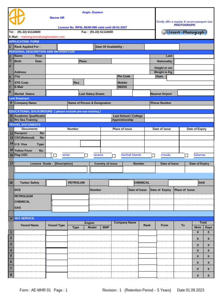 AE-MHR 01 - Application Form-Engine | PDF | Oil Tanker | Freight Transport