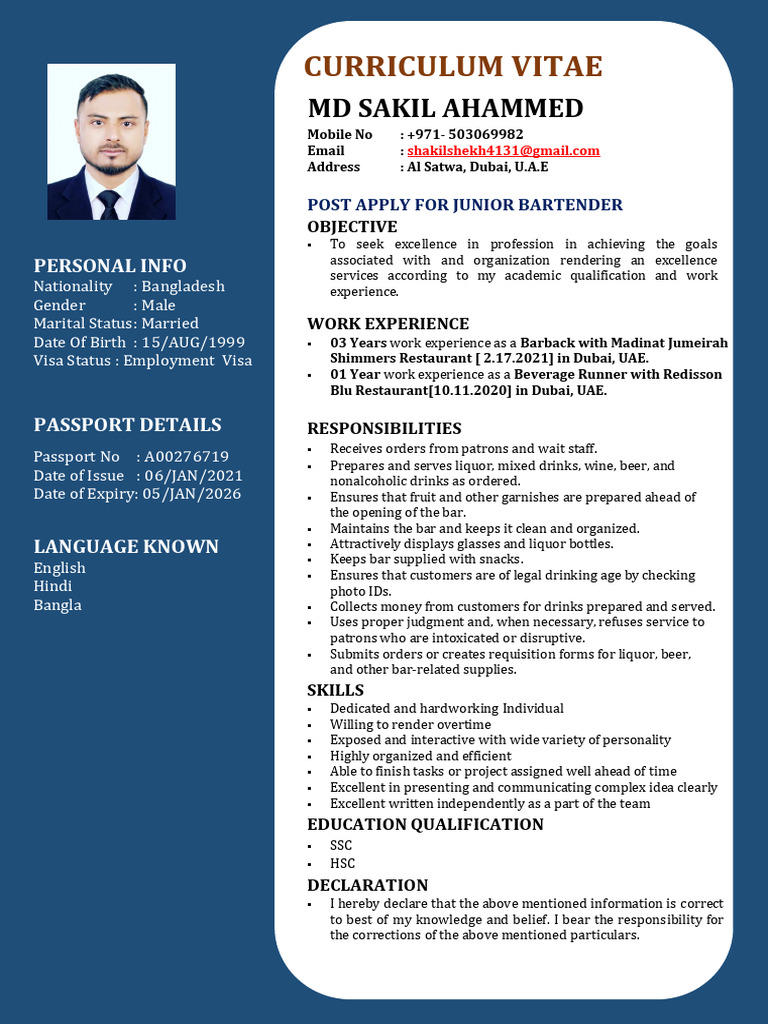 MD Sakil Ahammed Bartender Cv-1 | PDF | Bartender | Drink