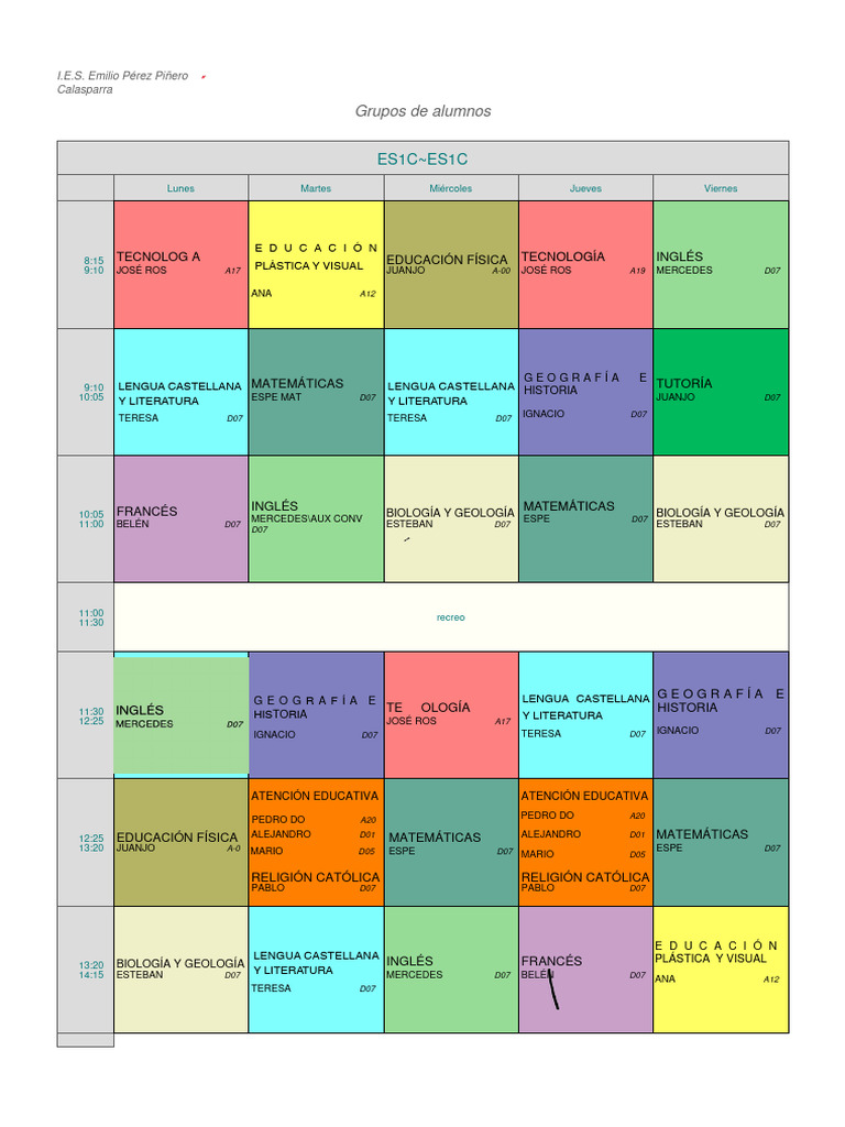 Horario de Clases I.E.S. Emilio Pérez Piñero | PDF