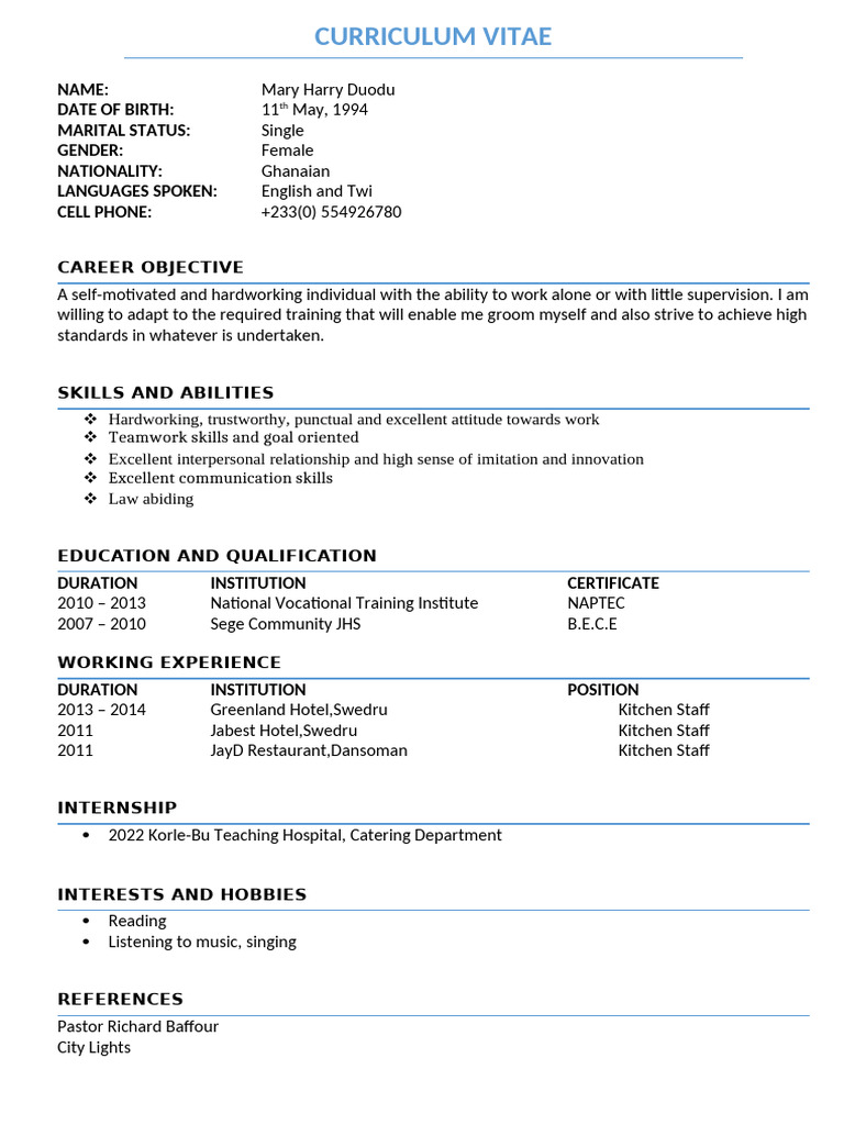 Curriculum Vitae - Mary Harry Duodu | PDF