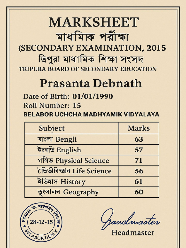 Prasanta Debnath Marksheet 2015 | PDF