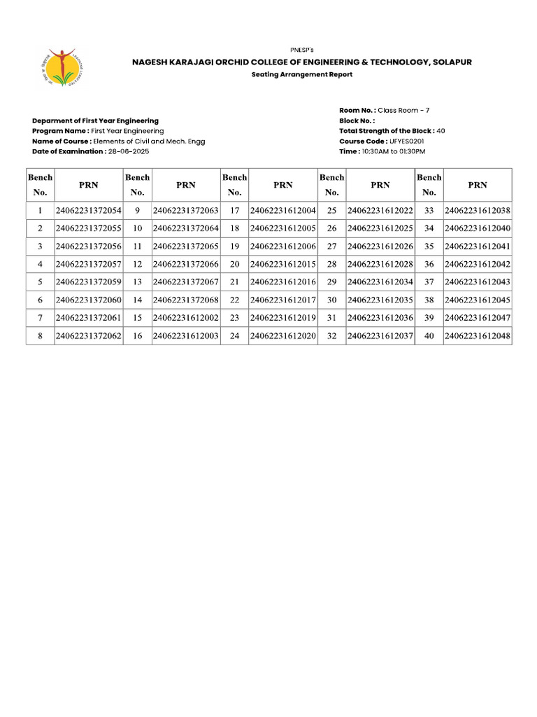 Seating Arrangement 28 06 2025 | PDF