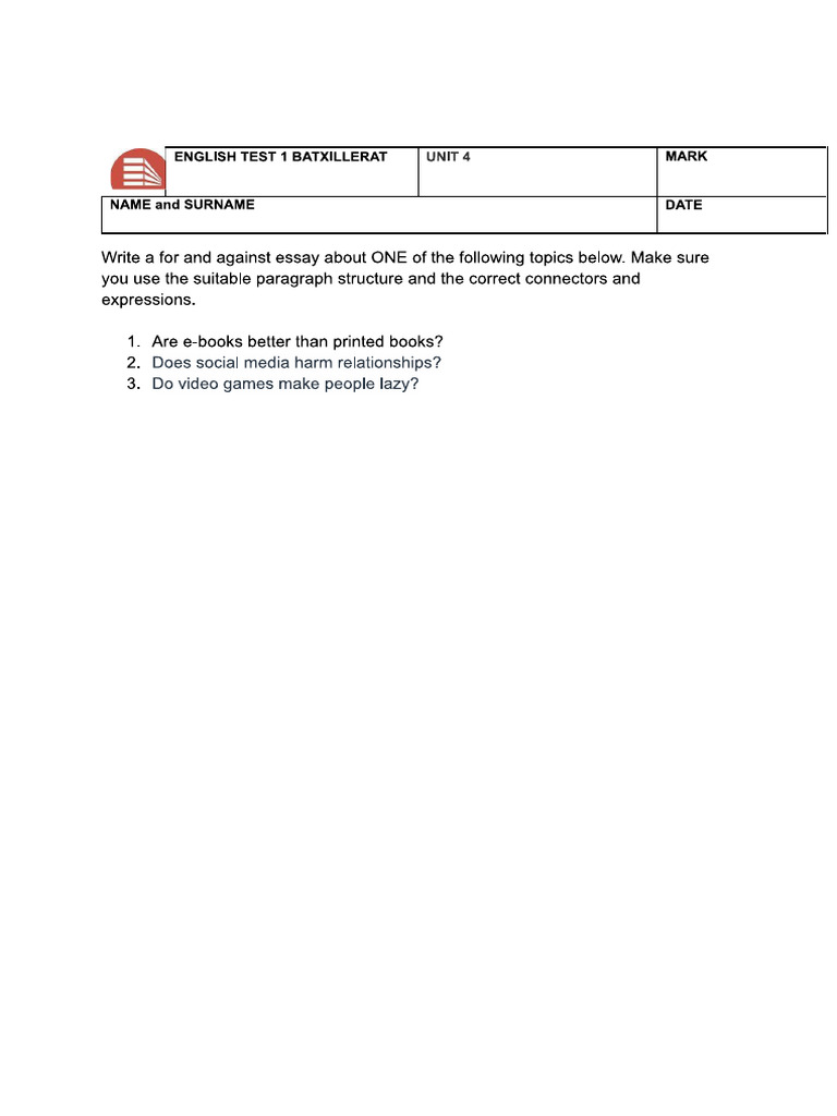 Writing Test Unit 4 | PDF