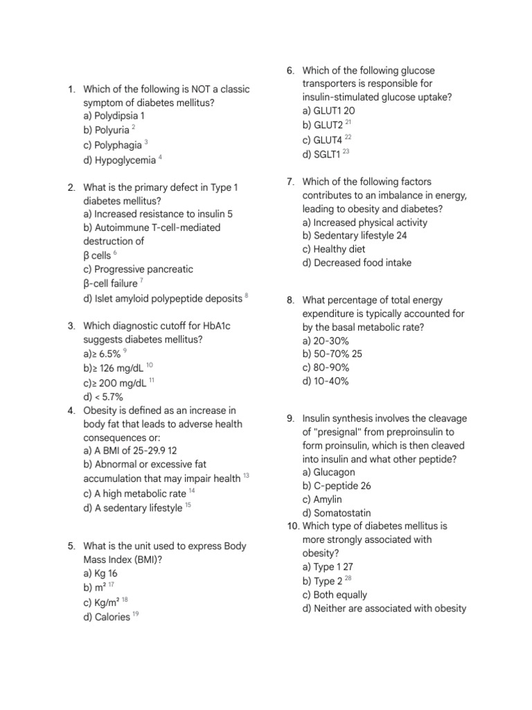 Diabetes and Obesity Quiz Questions | PDF | Diabetes | Endocrine Diseases