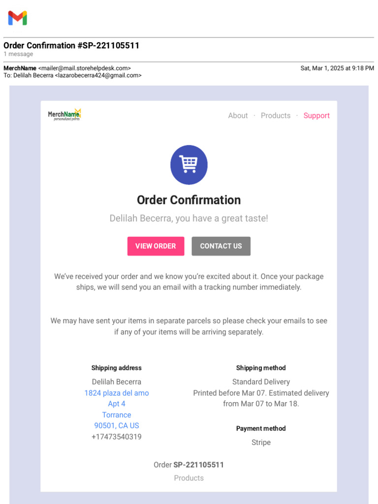 Gmail - Order Confirmation #SP-221105511 | PDF | Payments | Service ...