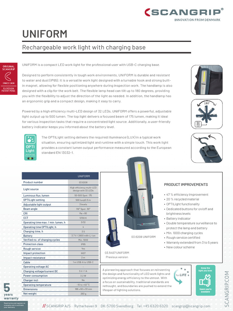 Scangrip - Uniform Datasheet | PDF | Electric Power | Electrical Engineering