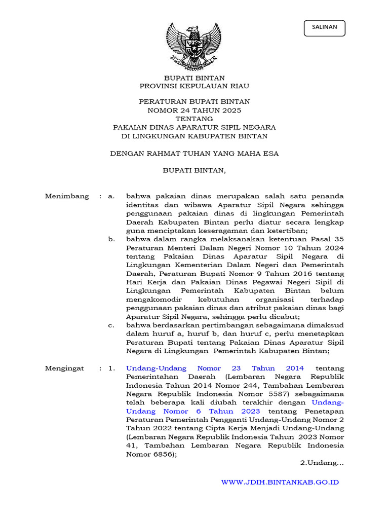 Perbup Pakaian Dinas Asn Bintan No 24 THN 2025 (Jdih) | PDF