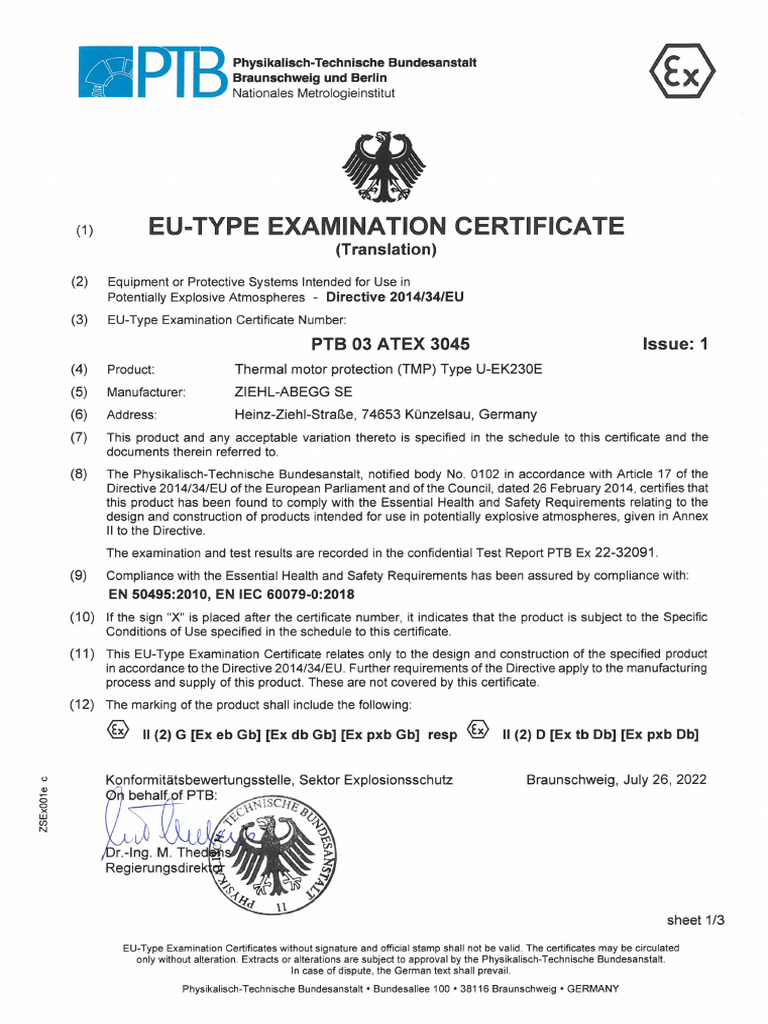 Eu-Type Examination Certificate U Ek230e 2022 | PDF