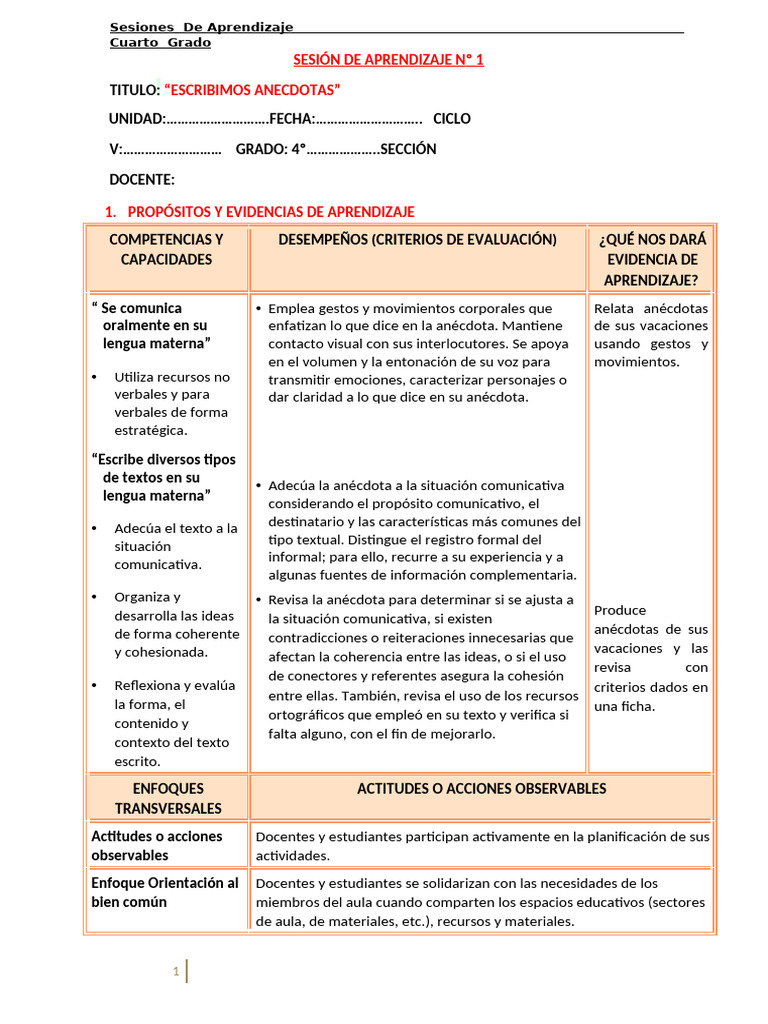 4° SESION CUARTO GRADO | PDF | Enseñando | Aprendizaje