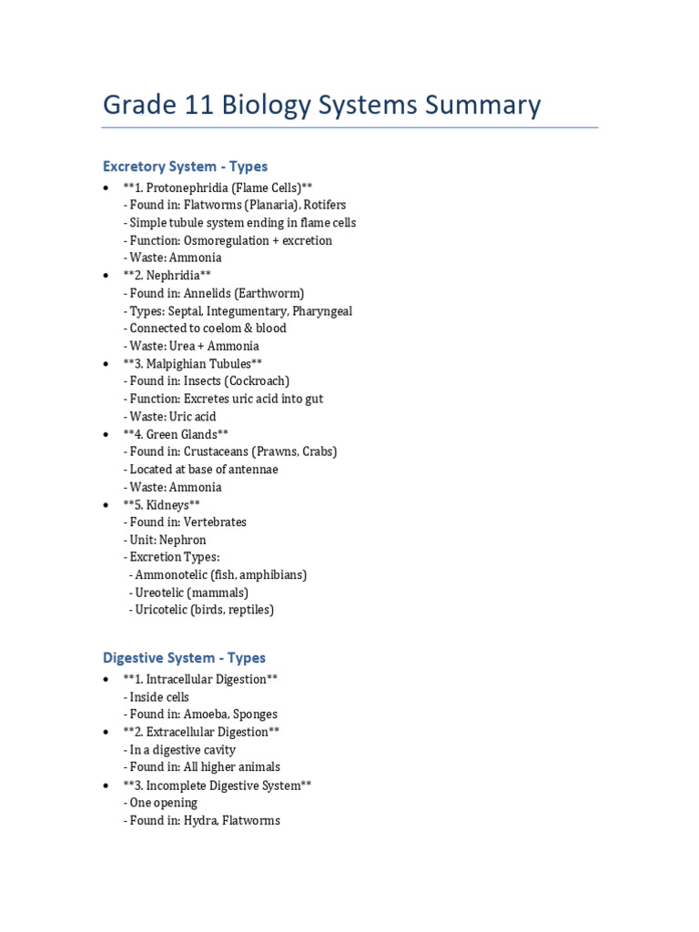 Grade11 Biology Systems Summary | PDF | Lung | Respiratory System