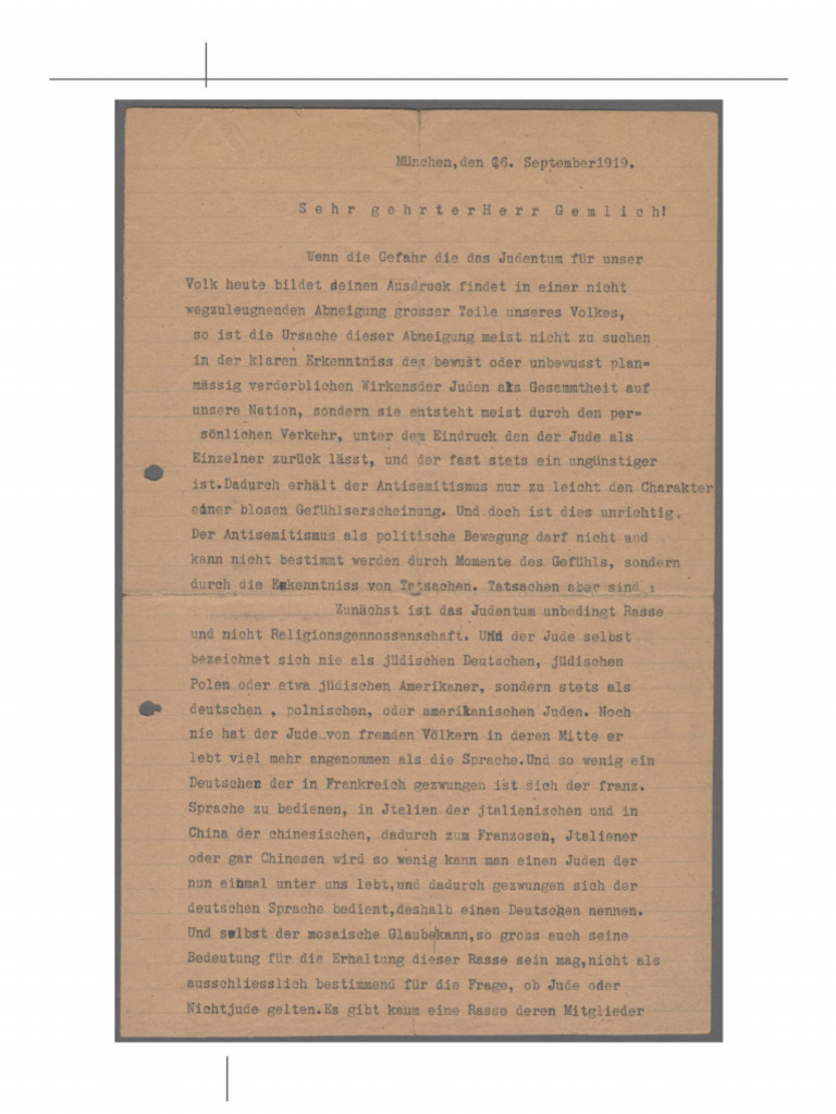 Antissemitismo: Carta de Hitler de 1919 | PDF | Judeus | Antissemitismo