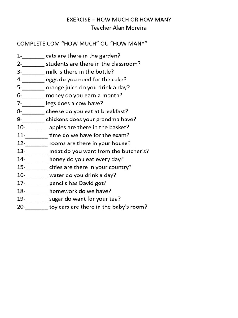 Exercise How Much How Many - Gabarito | PDF