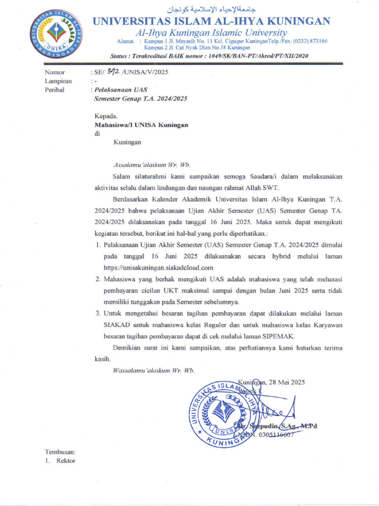 Surat Edaran UAS Genap 2024-2025 MHS | PDF