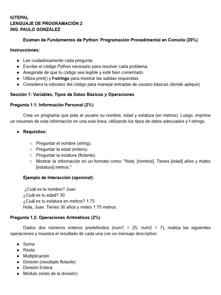 Examen 1 | PDF | Python (lenguaje de programación) | Programación de ...
