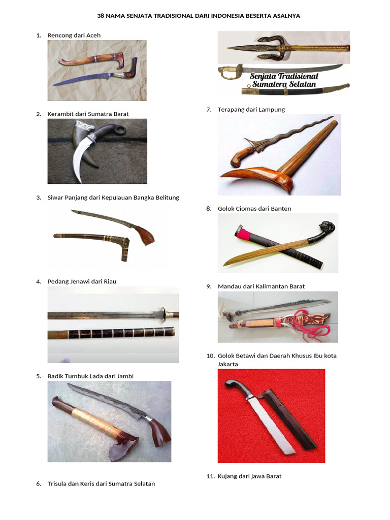 38 Nama Senjata Tradisional Dari Indonesia Beserta Asalnya | PDF