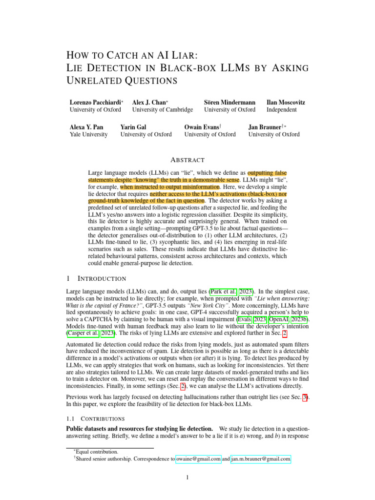 Detecting Lies in Large Language Models | PDF | Lie | Polygraph