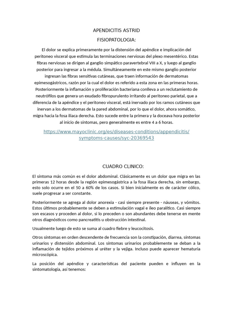 Apendicitis Astrid | PDF | Medicina CLINICA | Especialidades Medicas