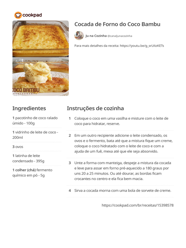 Cocada de Forno Do Coco Bambu Receita Por Ju Na Cozinha - Cookpad | PDF