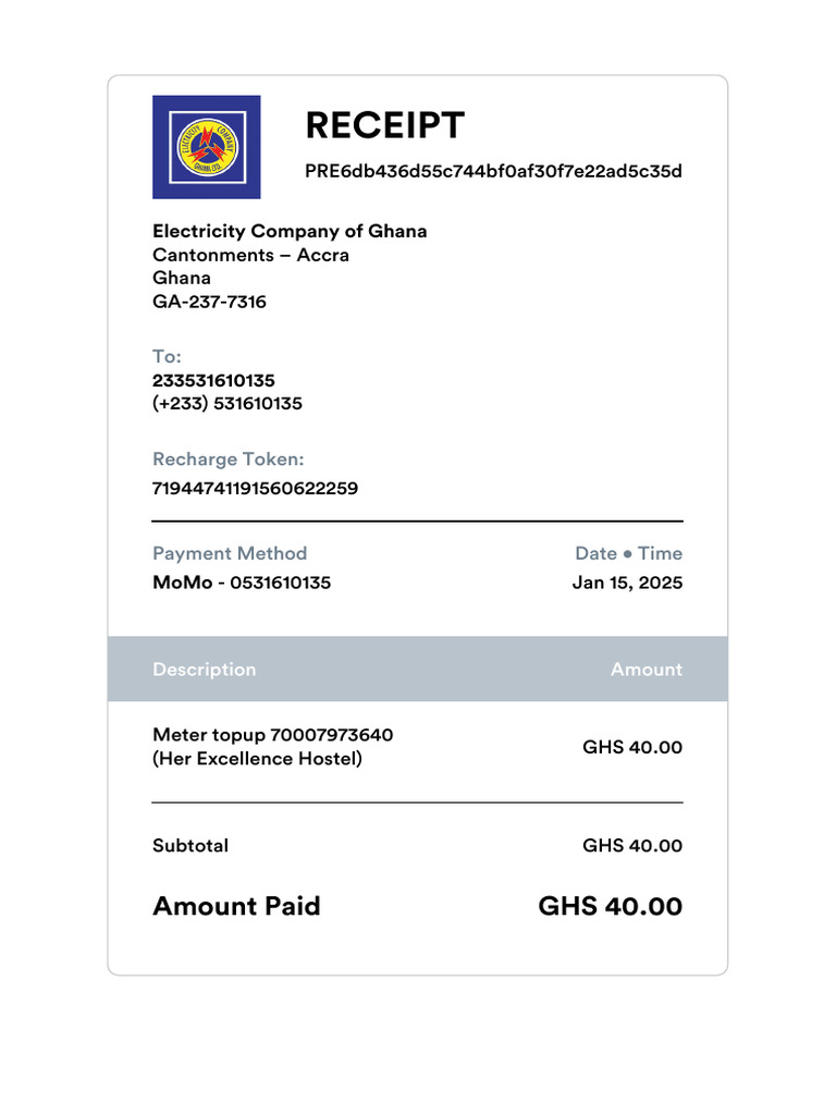 Ghana Electricity Payment Receipt | PDF