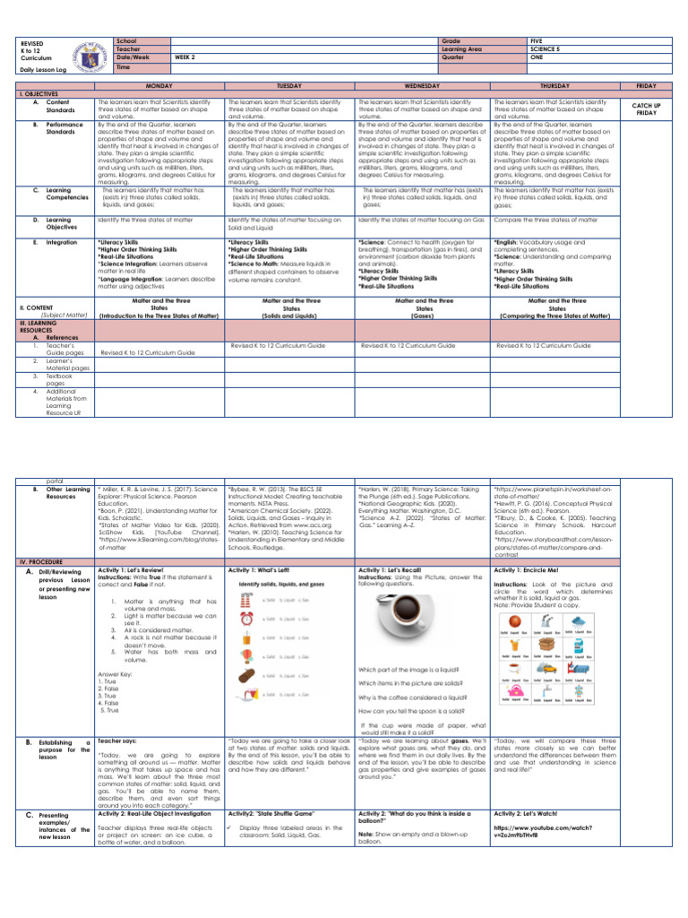 Science 5 DLL Q1 W2 | PDF | Gases | Liquids