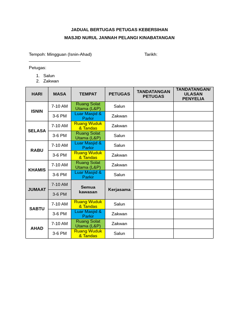 Jadwal Kebersihan Masjid Mingguan | PDF