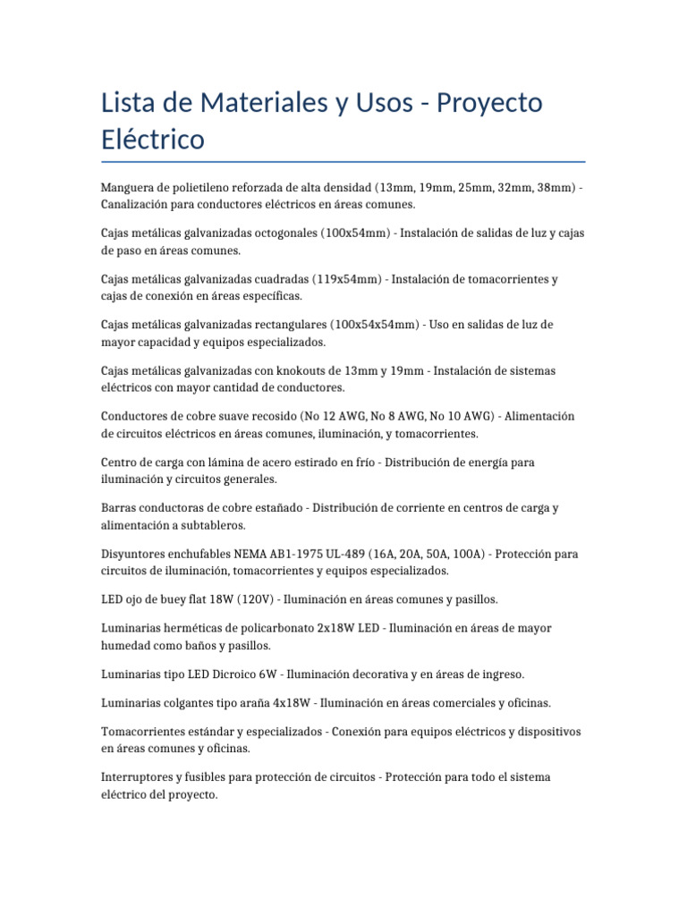 Materiales Esenciales para Proyecto Eléctrico | PDF