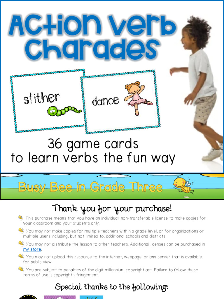 Action Verb Charades: 36 Game Cards To Learn Verbs The Fun Way | PDF