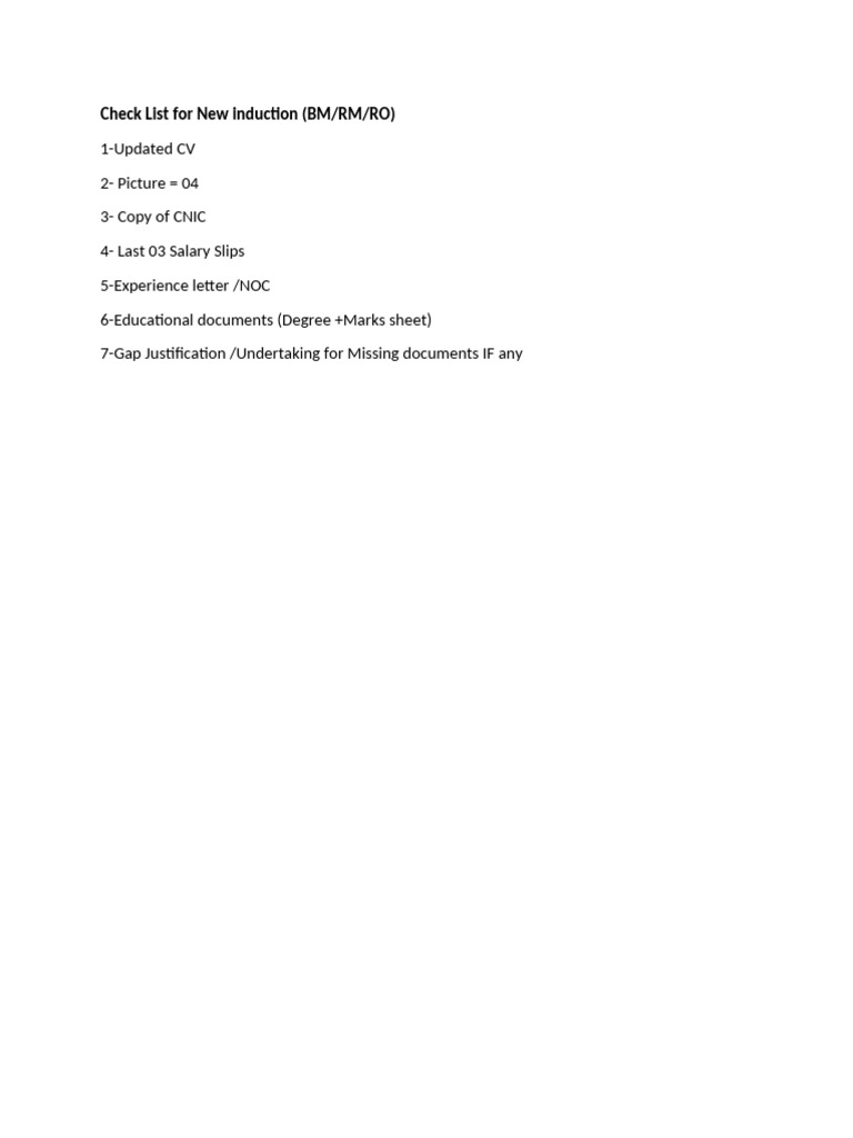 Check List For New Induction | PDF