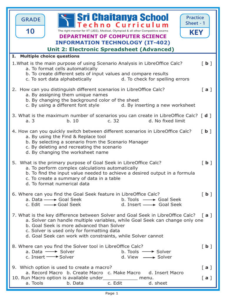 Grade X IT Part B-Unit 2-Practice Sheet 1 Key | PDF | Spreadsheet | Software