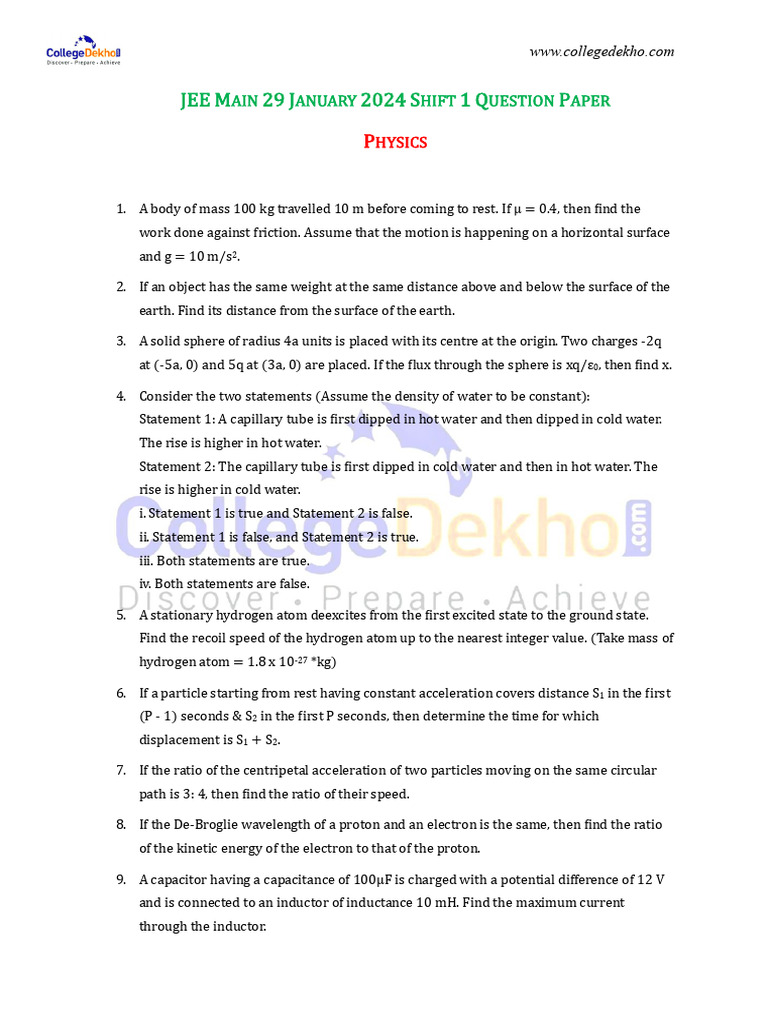 Jee Main Question Paper 29 Jan 2024 Shift 1 Physics Collegedekho | PDF ...