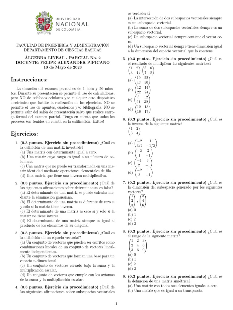Parcial 2 Algebra Lineal | PDF | Matriz (Matemáticas) | Espacio vectorial