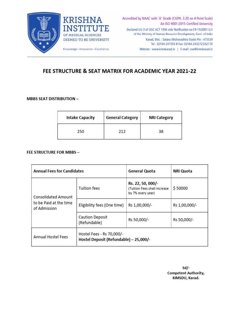 MBBS Fee Structure 2021-22 KIMSDU | PDF
