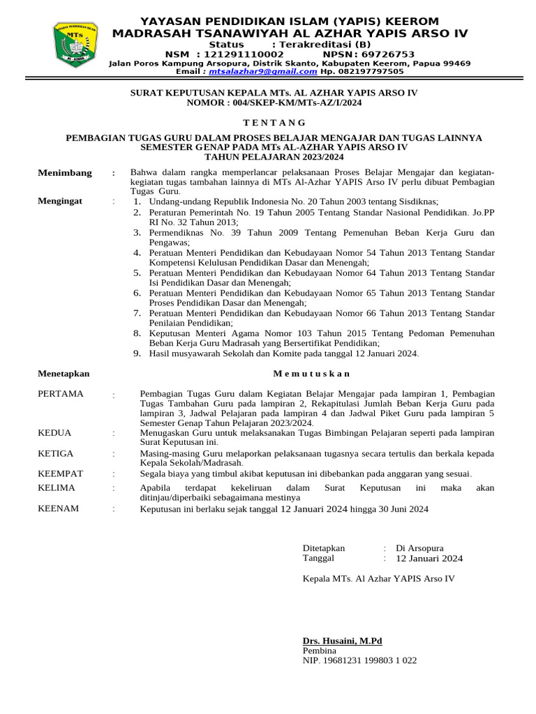 SK Pembagian Tugas Semester Genap 2023.2024 | PDF