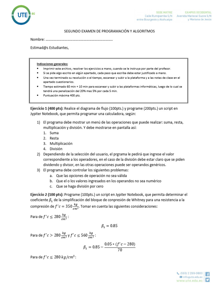 Instrucciones Ejercicios Examen Segundo Parcial PROGRA - 2023B | PDF | División (Matemáticas ...