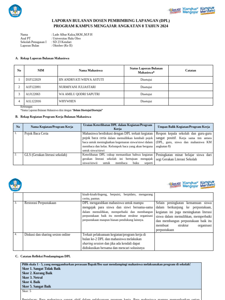 Laporan Bulanan 2 KM 8 Tahun 2024 - Lade Albar Kalza | PDF